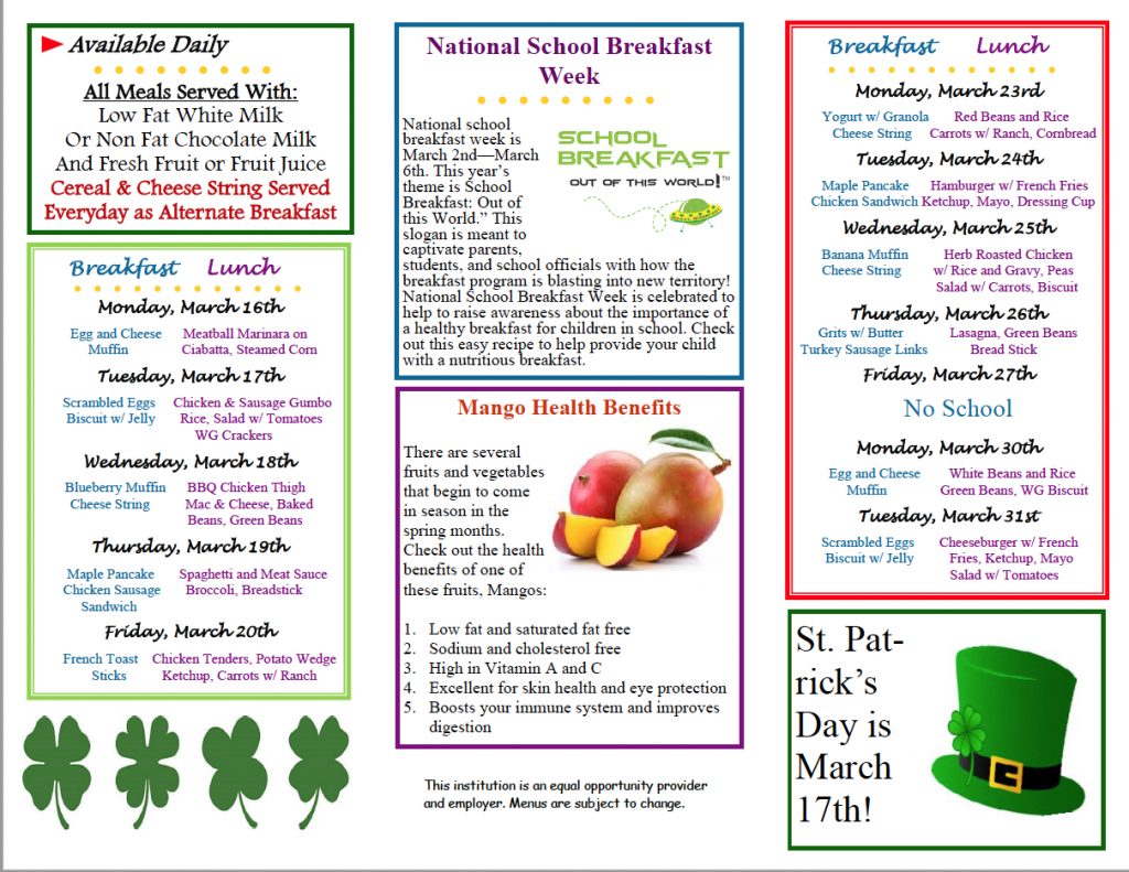 Breakfast/Lunch Menu for the Month
